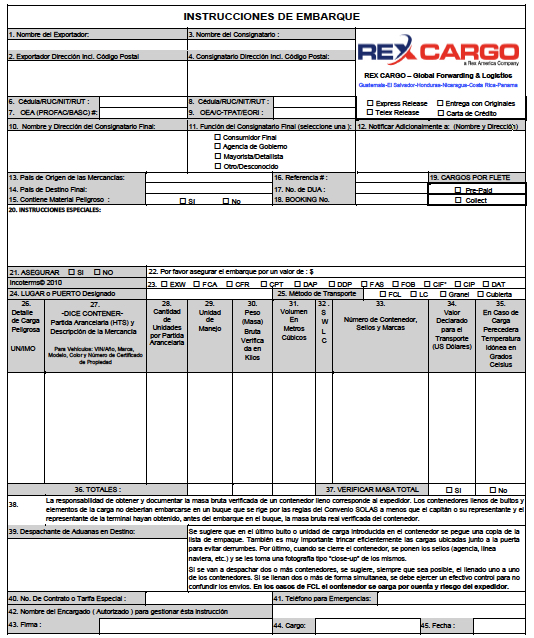 Instrucción de Embarque | Rex Cargo